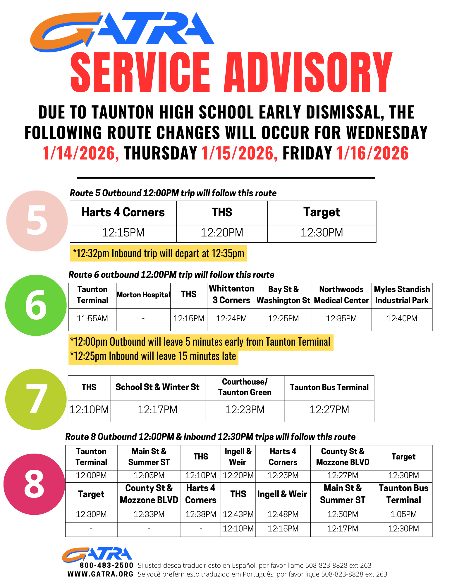 Service Advisory Taunton High School Early Dismissal- 1/14/2026, 1/15 ...